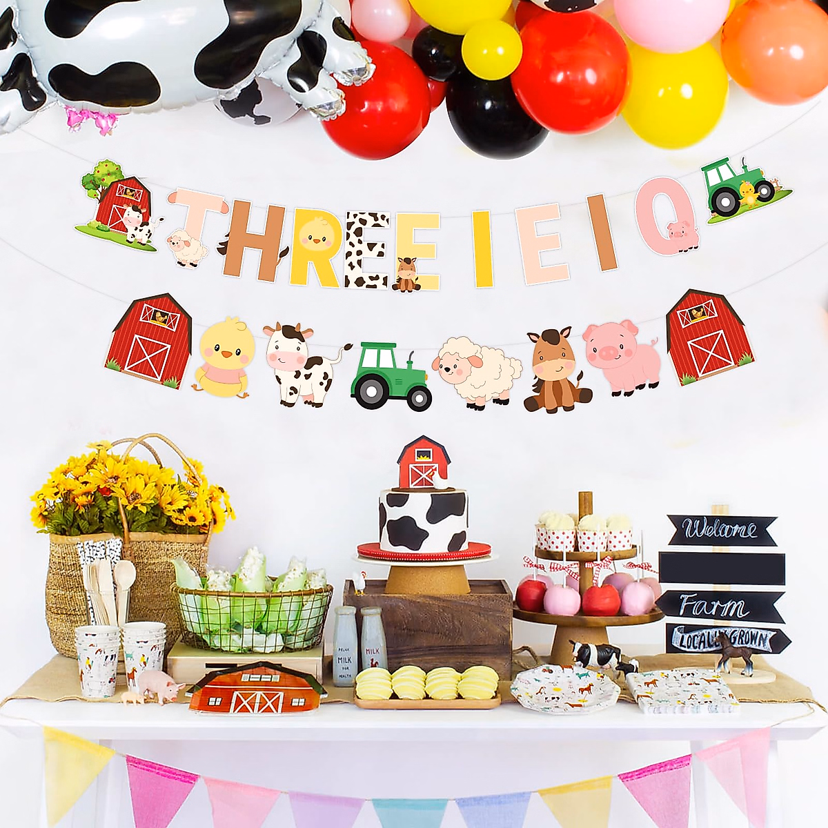 Sursurprise Farm 3rd Birthday Decorations, THREE I E I O Farm Animals Banner for Barnyard Farm Birthday Party Supplies