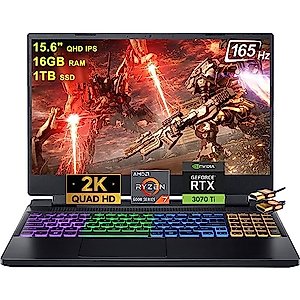 Acer Nitro 5 15 Gaming Laptop 15.6" QHD IPS 165Hz Display AMD Octa-core Ryzen 7 6800H (Beat i7-11370H) 16GB RAM 1TB SSD GeForce RTX3070Ti 8GB Graphic RGB Backlit HDMI USB-C Win11Pro Black + HDMI Cable