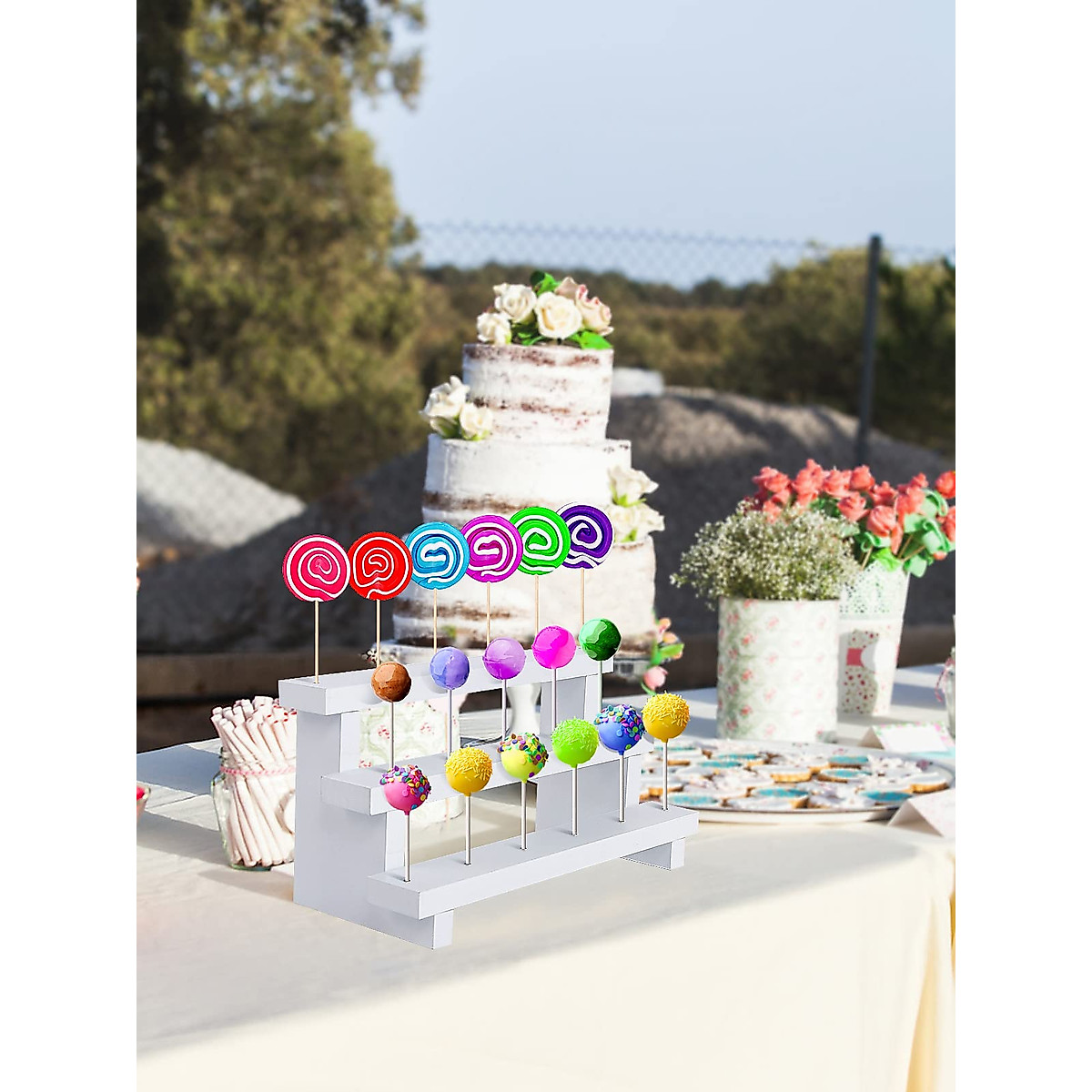 ANPHSIN Wood Cake Pop Stands - 2 PCS Wooden Lollipop Holders, 3 Tier 17 Holes Cake Pop Holder Display Risers Fit 0.16" / 4mm Lollipop Sticks for Dessert Table of Wedding, Birthday Party (White)