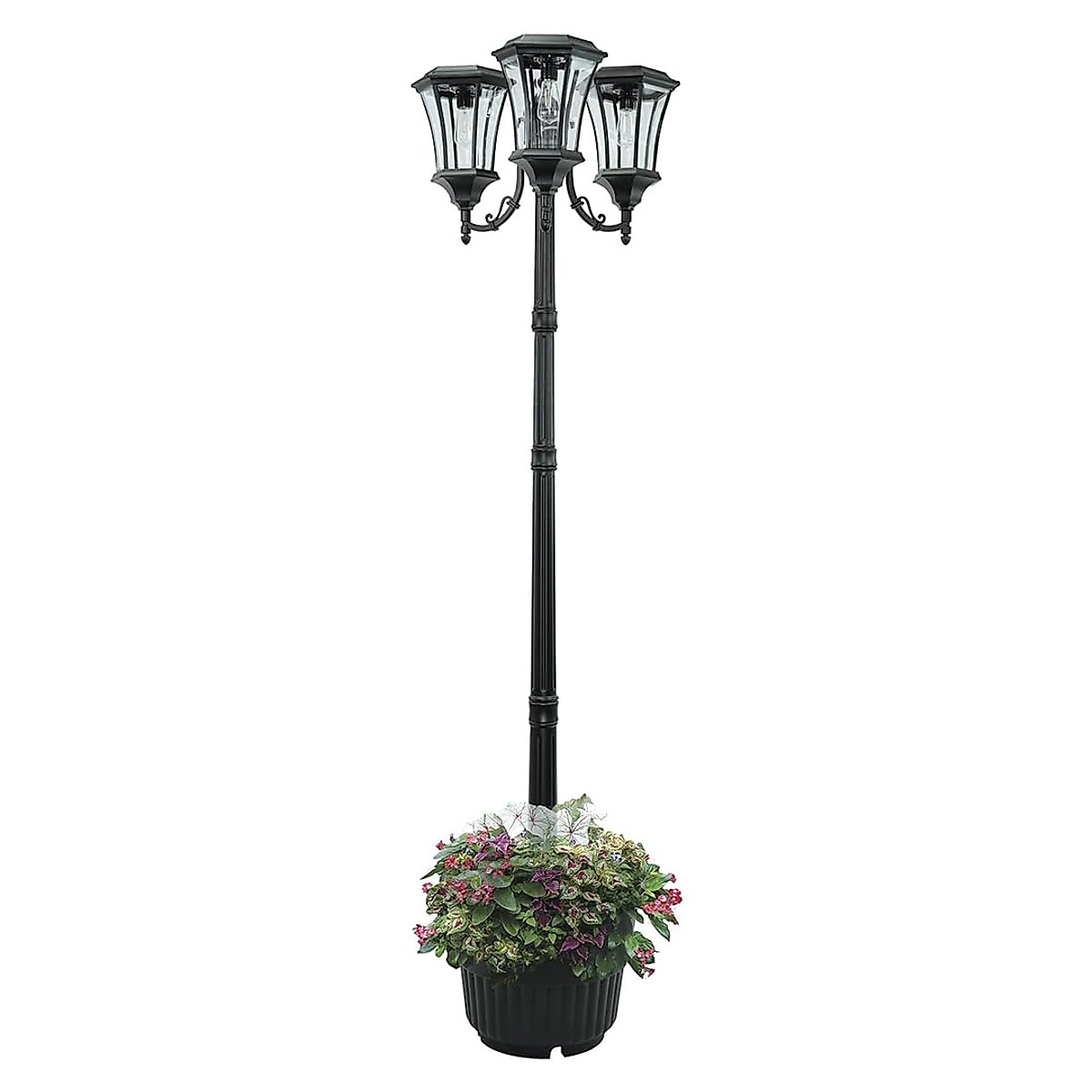 Sun-Ray 312016 Avalon 3-Head Solar Lamp Post and Planter, 7 ft, Black, Batteries Included