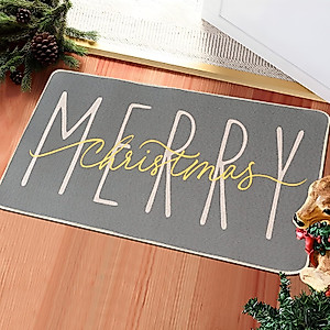 ONWAY Merry Christmas Doormat, Grey Gold Winter Seasonal Door Mat Christmas Holiday Low-Profile Floor Rug Switch Mat for Indoor Outdoor 17.5 x 29 Inch