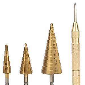 Drill Bits with Automatic Punch, 3pcs Step Drill Bits 4-12/4-20/4-32 with Hexagonal Handle, High Speed Steel and, Good Wear Resistance