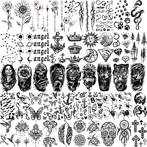 COKTAK 59 Sheets Sexy 3D Rose Flower Temporary Tattoos For Women Girls Arm Neck, Snake Floral Sunflower Leaf Peony Fake Tattoo Sticker Adult, Black Realistic Temp Tatoos Moon Dandelion Butterfly Thigh