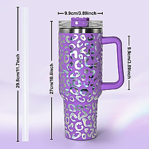 sweet grain 40 oz Tumbler with Handle and Straw, Stainless Steel Purple Leopard Print Tumbler with Handle, Double Vacuum Leopard Cup, Keeps Drinks Cold Up to 24 Hours