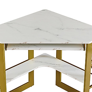 VECELO Corner Desk Computer Desk Writing Table with Smooth Keyboard Tray & Storage Shelves,Compact Home Office Triangle Table,Gold & White