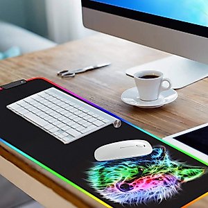 RGB Gaming Mouse Pad - 14 Light Modes Extended Computer Keyboard Mat, Anime LED Mouse Pad Large，High-Performance Mouse Pad Optimized for Gamer 31.5 X 12in (Wolf Mouse pad)