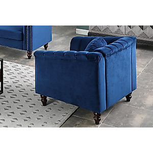 SIENWIEY Chesterfield Chair Couch, 40 Inch Luxurious Velvet Single Chair Chesterfield Settee Sofa Upholstered Rolled Arm with Rivets/Button Tufted Pillow, Modern Sofa for Living Room，Blue