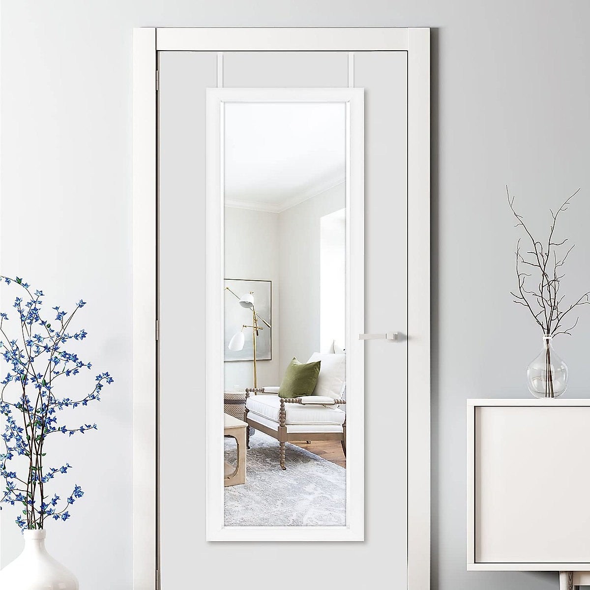 PexFix Door Mirror Full Length 51"x18" Over The Door Rectangle Sleek White Frame Space Saving Floor Mirror Dressing Hanging Wall Mounted Mirror (US-MHJ002-WH+USAM019)
