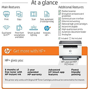 HP Laserjet MFP M234dwe Wireless Monochrome All-in-One Laser Printer, Print&Copy&Scan, 600x600 dpi, 30ppm, Duplex Printing, 1.27" LCD Display, Wi-Fi, Ethernet, Lanbertent Printer Cable (Renewed)