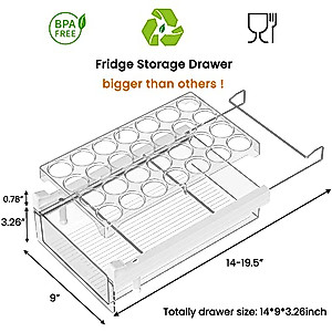 vacane Fridge Drawer with Removable 28 Grid Egg Tray, Clear Egg Drawer for Refrigerator Fridge Organizer Bins, Fridge Storage Container Under Shelf Holder for Fruit,Vegetable,Meat,Cheese