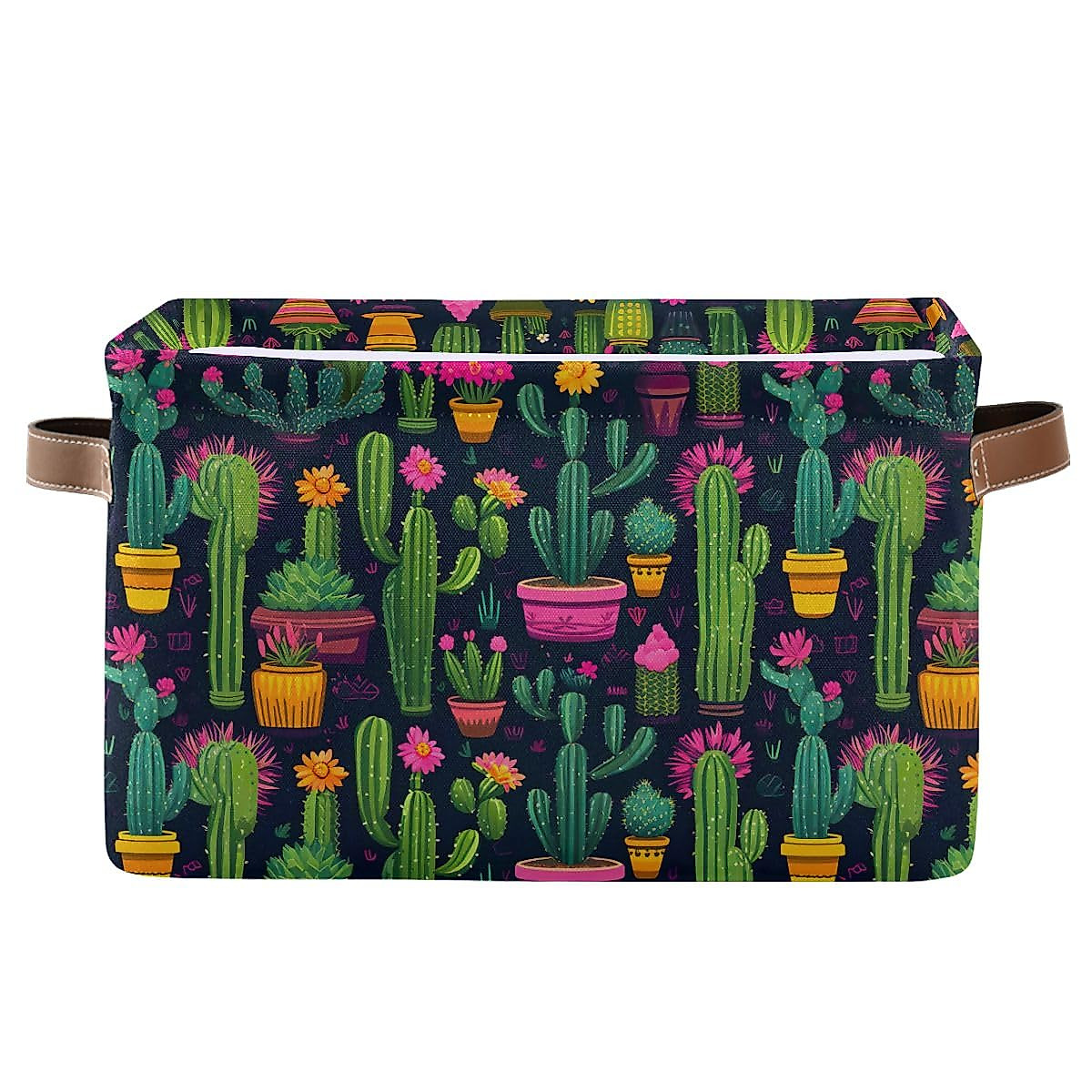 Cute Cactus Plant Green Basket with Handles, Waterproof Storage Basket Laundry Baskets Foldable Closet Organizer Bins for Home Closets, Offices, Bedroom, Laundry, 1PC