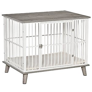 PawHut Dog Crate Furniture, Wooden End Table with Cushion & Lockable Door, Medium Size Pet Crate Indoor Puppy Cage, Grey