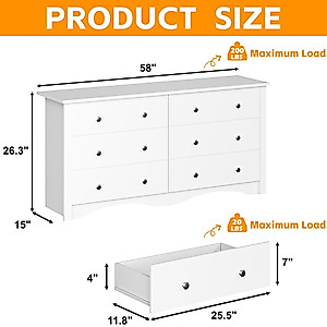 Furmax 6 Wood Drawers Dresser for Bedroom, Double Dresser for TV up to 65 inch, TV Stand Storage Chest of Drawers for Living Room Hallway Entryway (White)