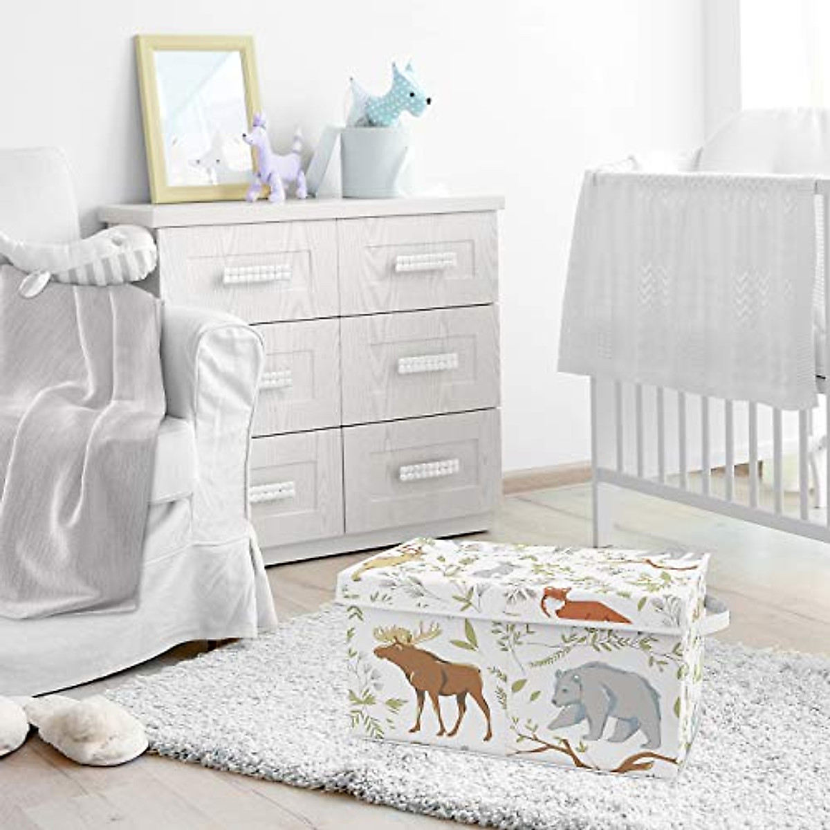 Sweet Jojo Designs Woodland Animal Toile Boy or Girl Small Fabric Toy Bin Storage Box Chest For Baby Nursery or Kids Room - Grey, Green and Brown Bear Deer Fox