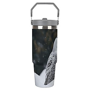 BWQJKUO Large Capacity Car Cup 30 Oz Stainless Steel Snow Owl Printed Travel Mug Leak-proof Flip Straw Tumbler with Handle,keeps Cold Or Ho