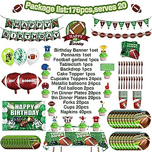 176pcs Football Birthday Party Decorations Includ Birthday Banner, Football Garland,Tablecloth, Football Backdrop, Football Foil Balloon, Tableware ect Boys Sports Theme & Superbowl Party Supplies