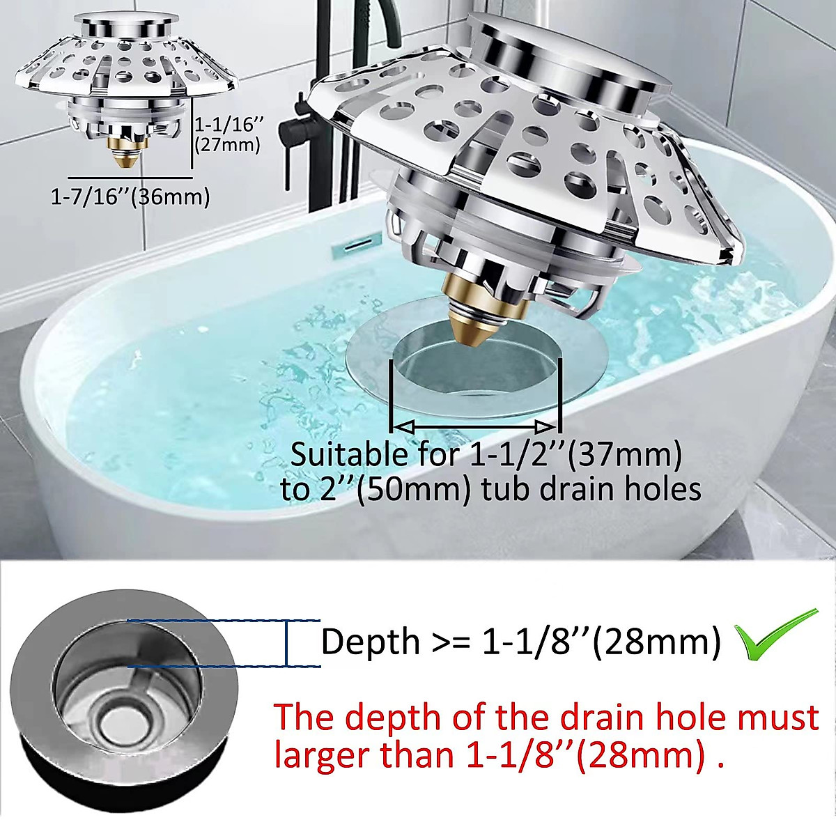 AzWzz Universal Tub Stopper Bathtub Drain Plug, Pop Up Tub Drain Hair Catcher, Drain Cover with Strainer, for 1-3/8 to 2in Bath Drain Hole