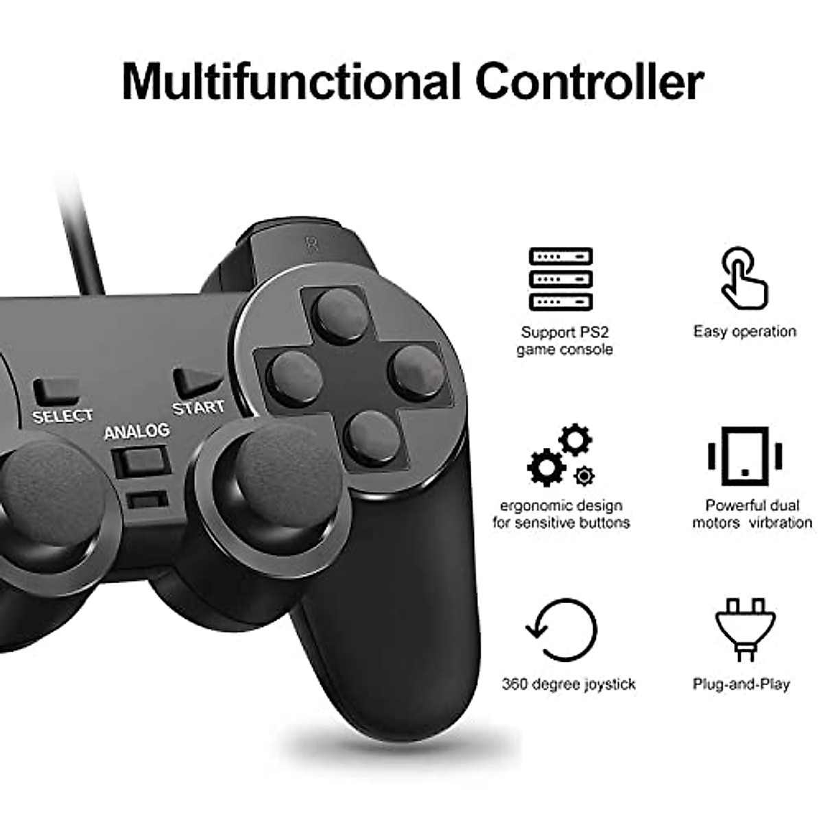 TUOZHE Wired Controller for PS2 Double Shock, 2 Pack Gamepad Remote Compatible with Play Station 2 (Two Black)
