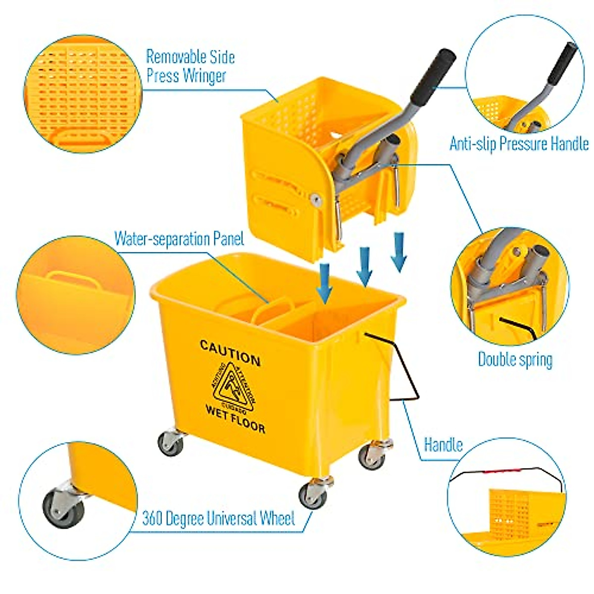 HOMCOM 5 Gallon Rolling Janitorial Cleaning Mop Bucket Commercial Restaurant with Down Press Wringer