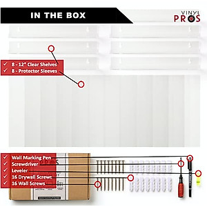 Vinyl Record Display Set - 8 Pack Acrylic Shelf Wall Mount and Protective Sleeves - 8 Clear Vinyl Shelves and 8 Album Protective Sleeves, Installation Tools Included