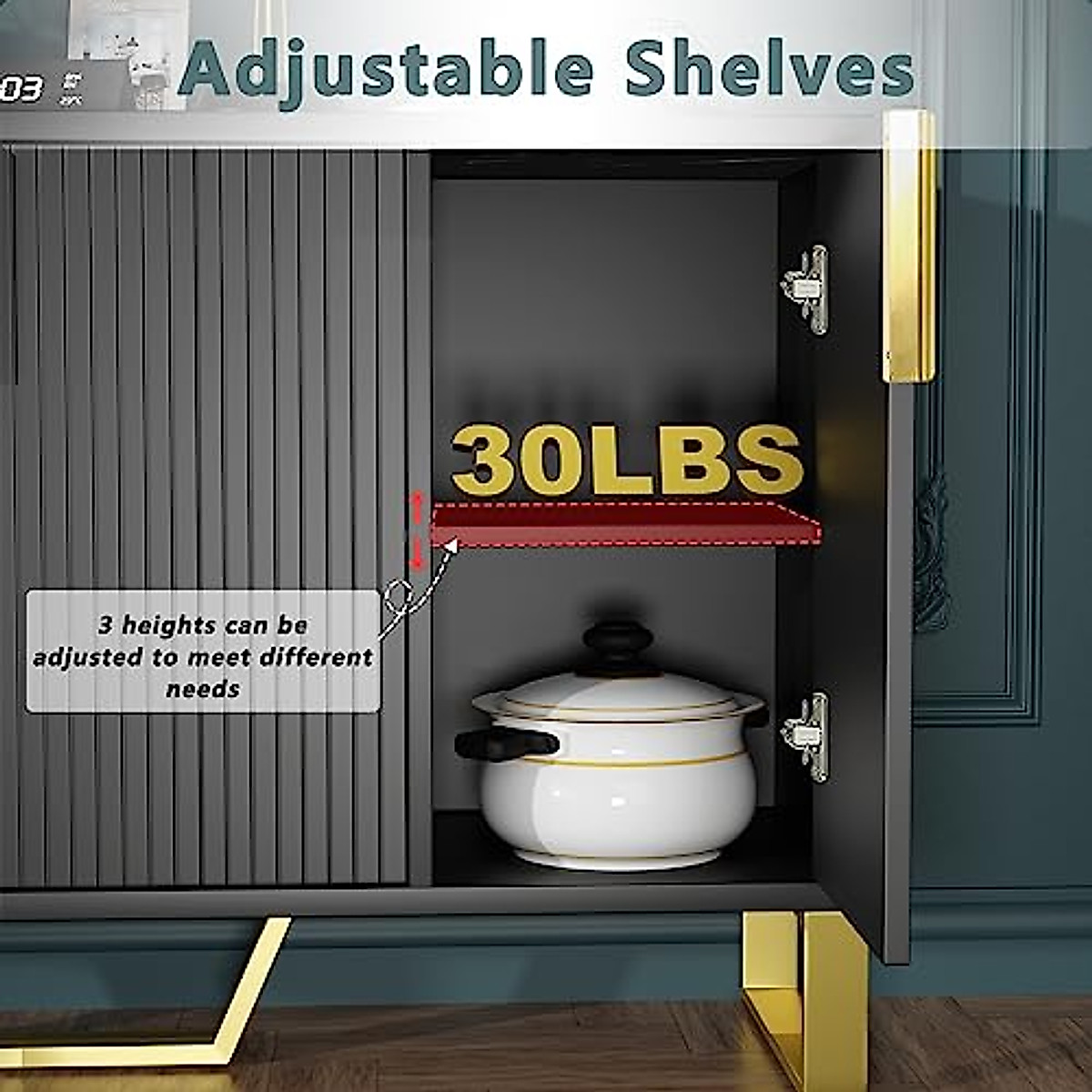 Zevemomo Buffet Sideboard Storage Cabinet for Living Room Coffee Bar Console Table with Adjustable Shelf, 4 Doors, Black