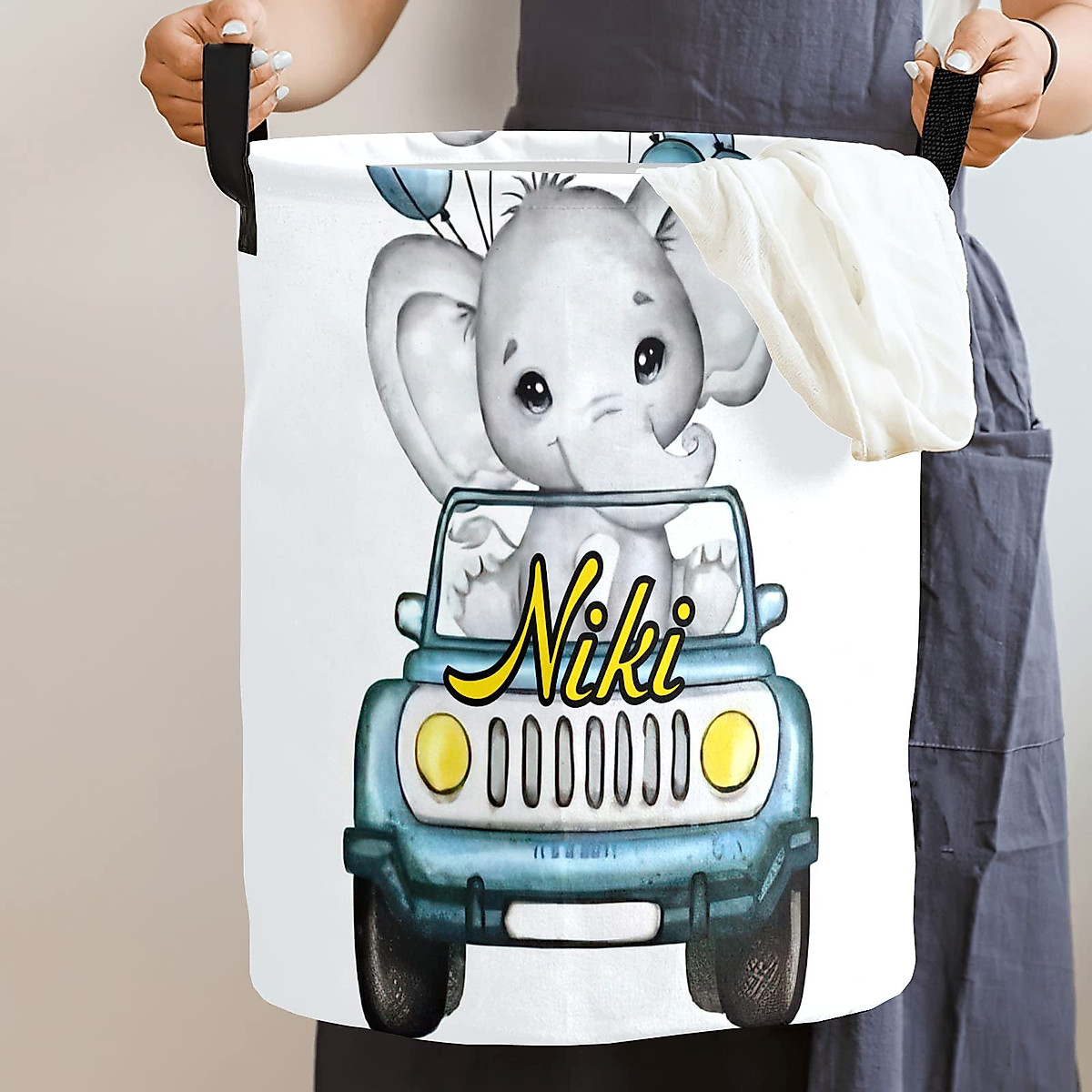 BigBigift Little Elephant with Car Laundry Basket Personalized with Name Laundry Hamper with Handle Organizer Storage Bin Bedroom Decor for Boys Girls Adults