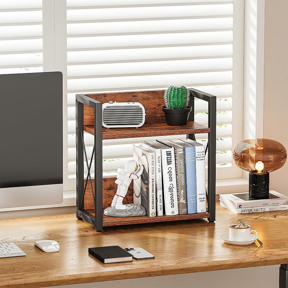 Giikin Counter Shelf Organizer, 2 Tier Kitchen Spice Rack for Countertop, Wood Coffee Counter Organizer for Home (Rustic Brown)