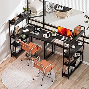 WASAGUN 40 Inch Small L Shaped Computer Desk with Storage Shelves, Home Office Corner Reversible Desk Study Writing Table with Hutch, Black