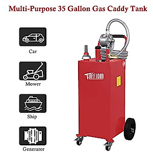 TUFFIOM 35 Gallon Portable Gas Caddy w/ Wheels & 11.9ft Hose, Fuel Transfer Storage Tank Gasoline Diesel Can Reversible Rotary Hand Siphon Pump, for ATV Car Mowers Tractor Boat Motorcycle(Red)