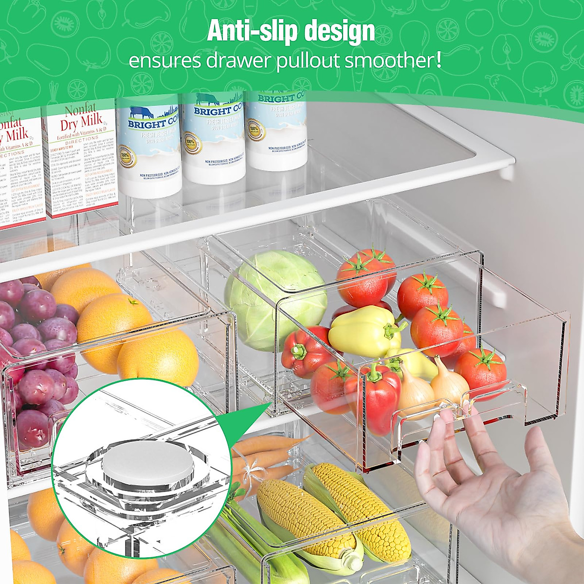 DAMYNUO 2 Pack Refrigerator Drawers - Fridge Organizer Bins Stackable Storage Drawers, Clear Refrigerator Organizing Containers Pull Out Drawer for Fruit, Vegetable Storage and Keep Fresh