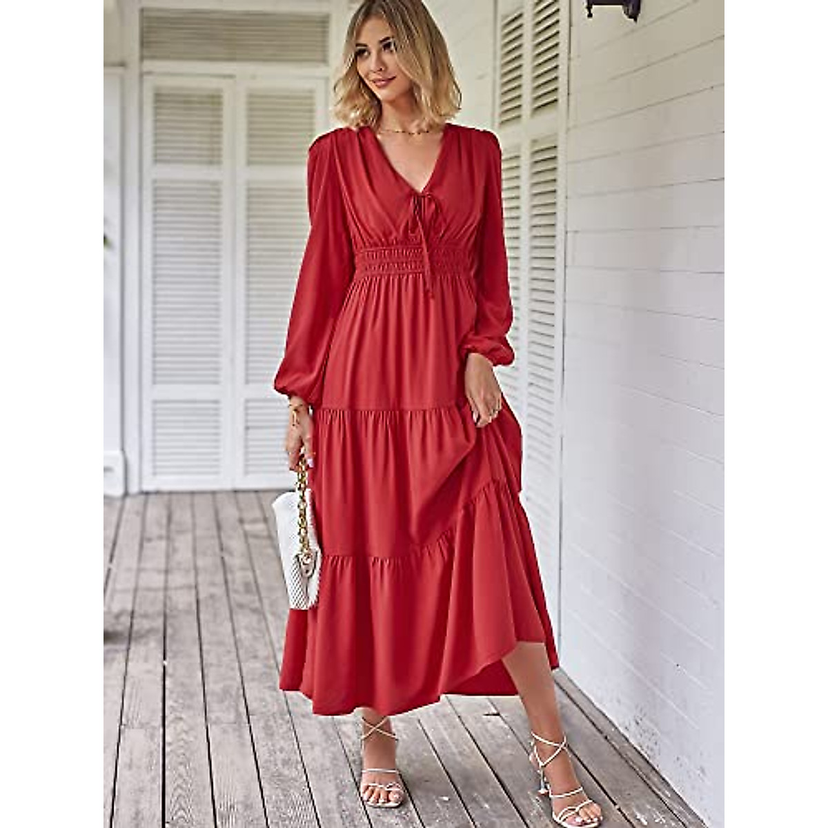 ZAFUL Women Casual V Neck Long Dress Tie Neck Solid Color High Waist Tiered Ruffle Hem A Line Swing Maxi Dresses (1-Wine, M)
