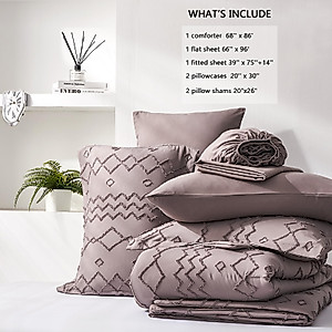 FLYMME Taupe Tufted Twin Comforter Set Bed in a Bag 7 Piece,Boho Shabby Chic Farmhouse Bedding Comforter with Sheets,Soft Lightweight Geometric Embroidery Comforter (Taupe, 68''x 86'')
