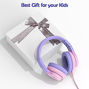 Candy Bila Kids Headphones, Wired Headphones for Kids with Microphone, 85/94dB Volume Limiter Headphones for Girls Boys with Sharing Jack, Foldable Headphones for Online Study, Gradient Red