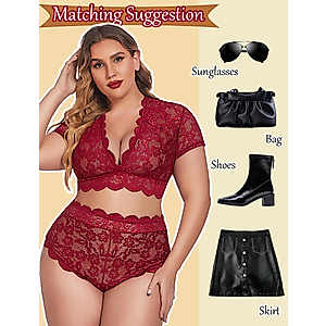 Avidlove Plus Size Lingerie Plus Floral Lace Scallop Trim Lingerie Set Deep V Allover Lace Bra Panties Set Sexy Clubwear (18W, 1 Wine Red)
