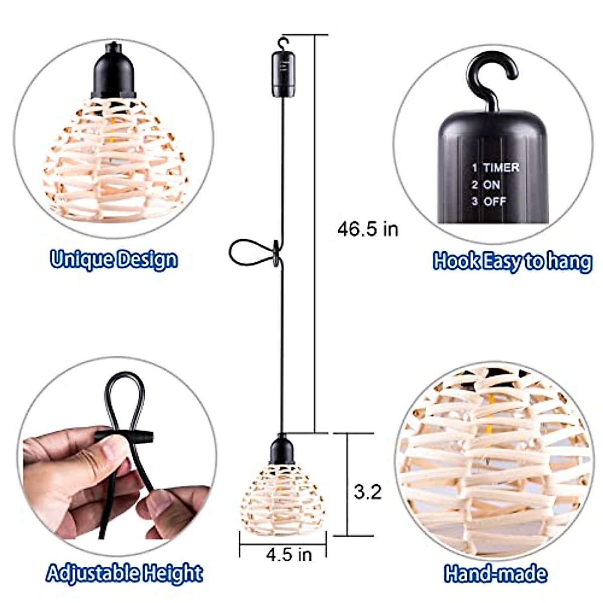 3 Pack Outdoor Battery Operated Chandelier, Small Hanging Rattan Pendant Lights with Remote Control Timer, Warm White Waterproof Lamps for Gazebo Yard Porch Patio Garden Backyard Decor, ALL FORTUNE