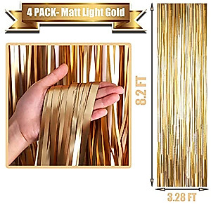 HalloweenDecorate 4 Pack Champagne Gold Foil Fringe Curtain Backdrop, 3.28Ft x 8.2Ft Metallic Tinsel Streamer Curtains for Party, Photo Booth Props, Birthday, Graduation Decoration Party Supplies