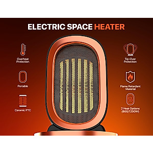 Ceramic Space Heater for Indoor Use, Overheat Protection, Tip-Over Protection, Low Noise Heating, Safe Electric PTC Portable Fan for Office Home Room, Black Smart Handy Warmer for Bedroom Desktop