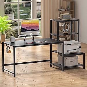 GreenForest Computer Desk with Storage Printer Shelf,67 inch Reversible Home Office Desk Large Study Writing Table with Movable Monitor Stand and 2 Headphone Hooks for PC Gaming Working, Black