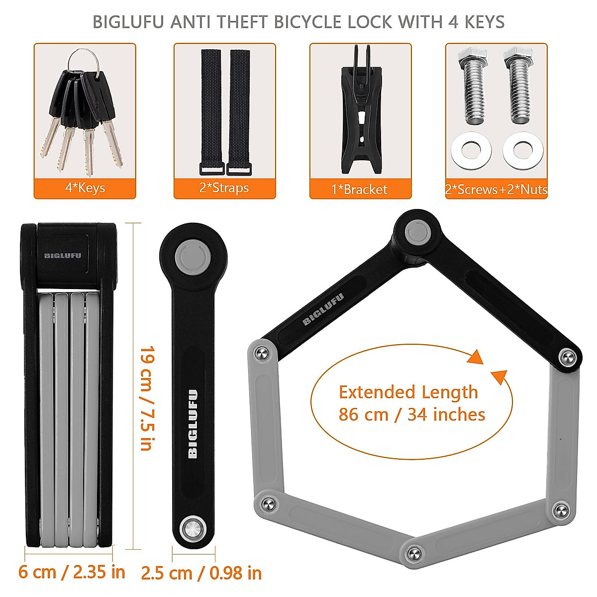 BIGLUFU Bike Lock Bicycle Scooter Motorcycle Folding Locks with 4Keys, Fold Chain Heavy Duty Alloy Steel Foldable Lock with Mounting Bracket 2pc Straps, 86cm/34 Unfolding, 1.92 lbs