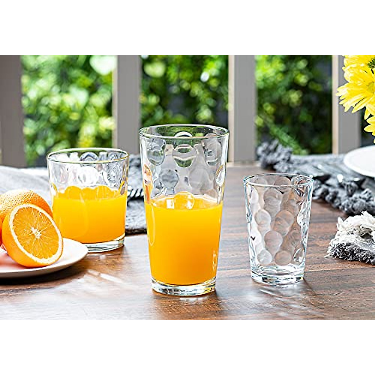 Le'raze Drinking Glasses Set of 18 Clear Glass Cups - 6 Highball Glasses 17oz, 6 Rocks Glasses 13oz, 6 DOF Glasses 7oz, Bubble Design Glassware Set for Water, Juice, Wine, Cocktails, & Beer Glasses.