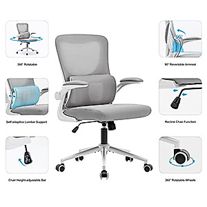 BRTHORY Office Chair Height-Adjustable Ergonomic Desk Chair with Self-Adjustable Lumbar Support, Breathable Mesh Computer Chair High Back Swivel Task Chair with Flip-up Armrests - Grey