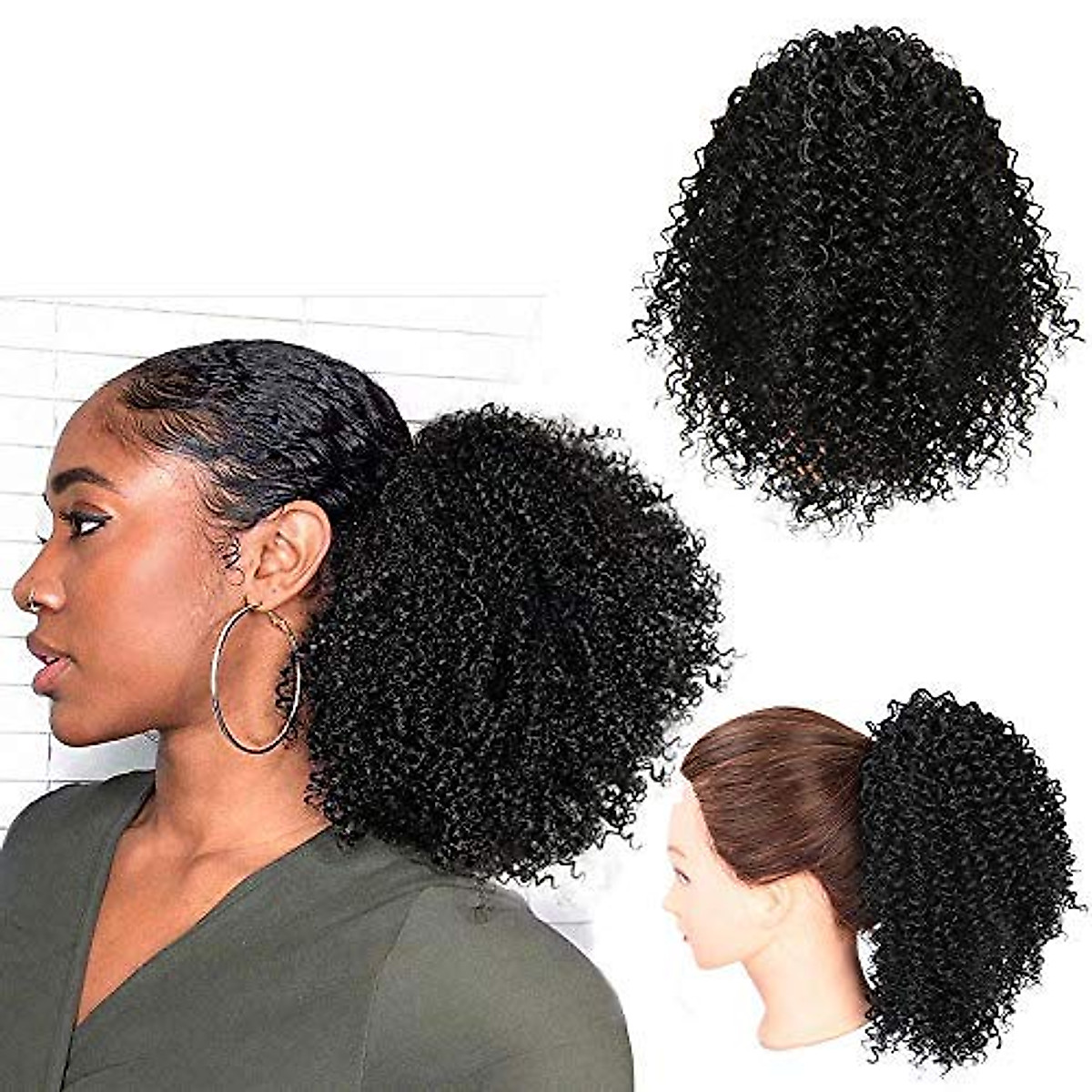 Vigorous Afro Drawstring Ponytail Kinky Curly Ponytail Drawstring Afro Puffs Curly Ponytail Extension for Women Synthetic 10 Inch Curly Ponytail （Black 1B#）