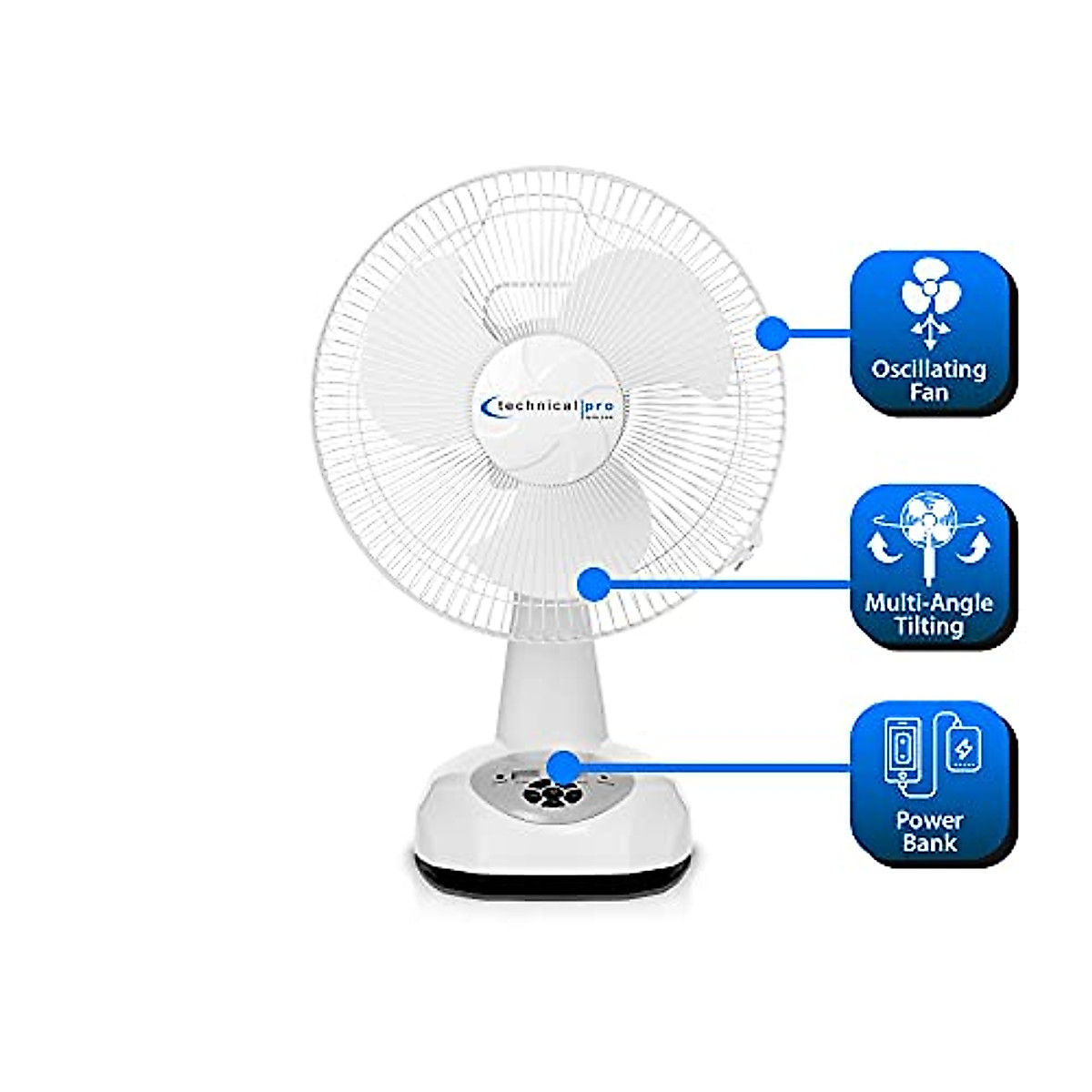 Technical Pro Portable 12 inch Rechargeable Oscillating Tabletop Fan with LED Night light and Powerbank.