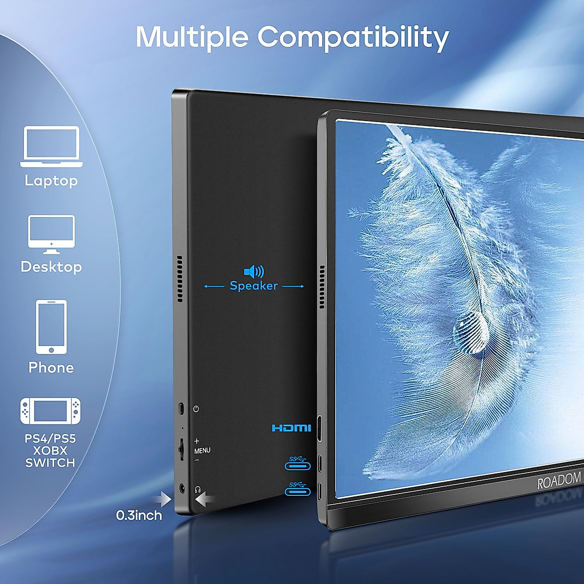 ROADOM Portable Monitor for Laptop, 15.6'' FHD 1080P IPS HDR Travel Monitor with Mini HDMI USB C,External Monitor for Laptop PC Mac Phone Xbox PS4 Switch,Smart Cover,Dual Speakers,Plug and Play