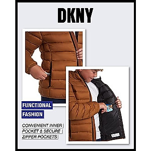 DKNY Boys Jacket – Midweight Insulated Quilted Outerwear Parka Puffer Coat – Water Resistant Boys Winter Hooded Jacket (8-20), Size 14-16, Timber