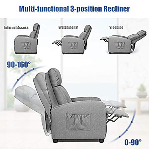 Giantex Recliner Chair, Massage Wingback Single Sofa w/Side Pocket, Fabric Recliner Sofa for Living Room, Modern Padded Seat Reclining Chair, Home Theater Seating Office for Adults (Grey)
