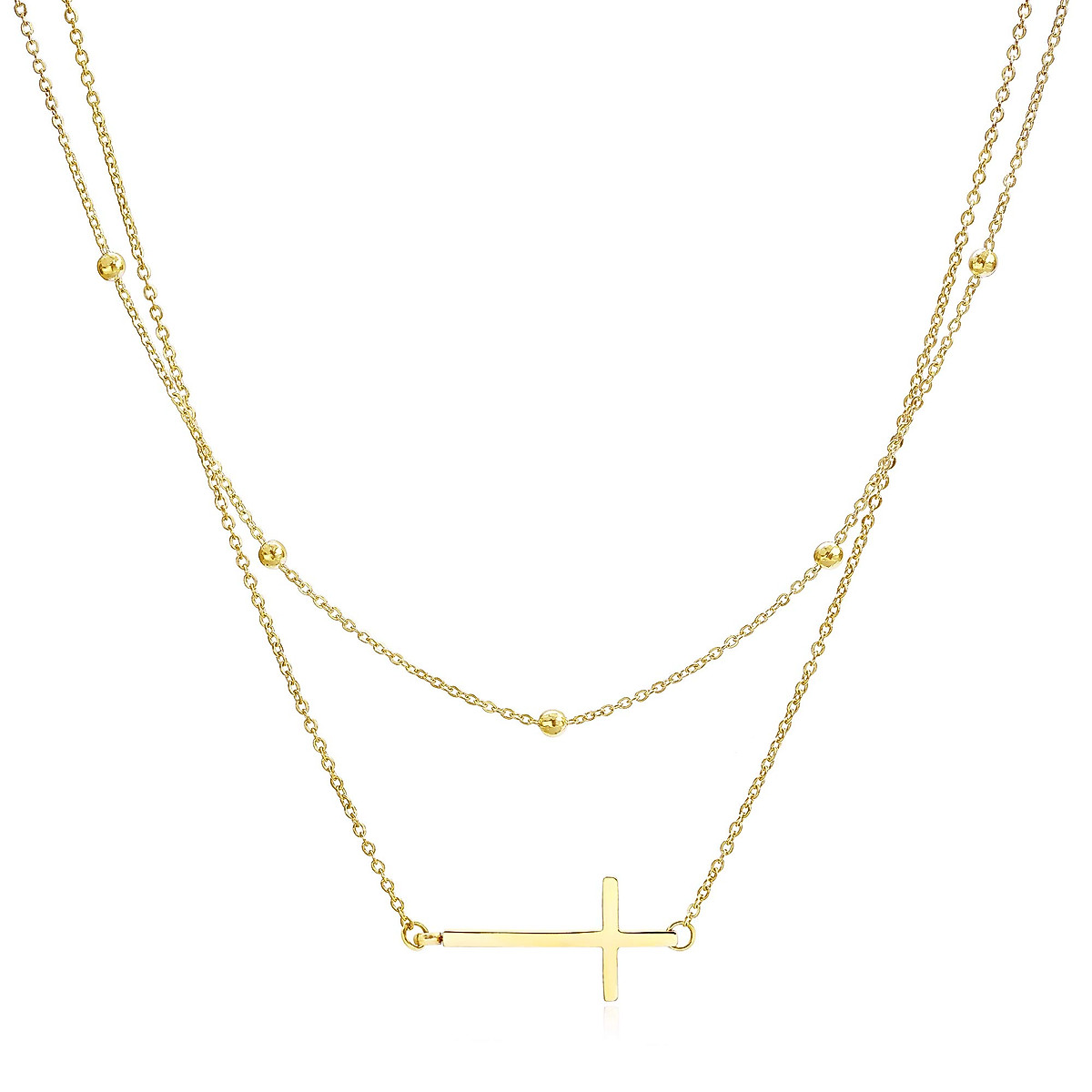 ELBLUVF Stainless Steel Gold Rose Gold Silver Plated Dainty Beads Sideways Cross Double Layers Necklace For Women (Gold 2 layers cross)