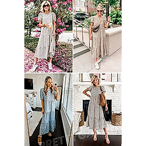 PRETTYGARDEN Women's Summer Casual Boho Dress Floral Print Ruffle Puff Sleeve High Waist Midi Beach Dresses (Blue Apricot,Medium)