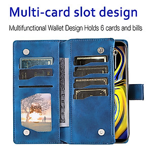 Asuwish Phone Case for Samsung Galaxy Note 9 Wallet Cover with Tempered Glass Screen Protector and Wrist Strap Mandala Flower Leather Flip Zipper Card Holder Slot Cell Note9 Not S9 Women Men Blue