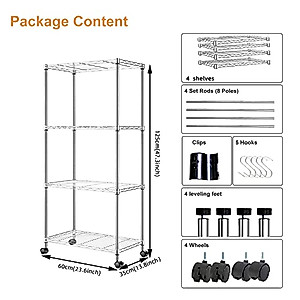 Chrome, 4 LAYER ADJUSTABLE METAL WIRE VERTICAL SHELF, heavy DIY shelf shelf, household kitchen, living room, bathroom, storage room, balcony, study, utility room, garage, with universal wheel shelf